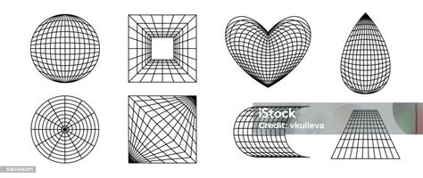와이어프레임 양식이 설정되었습니다 다른 모양의 기하학적 표면 격자 왜곡된 원근감 평면과 물체가 포장됩니다 벡터 큐브 구 하트 포스터 전단지 콜라주 템플릿에 대한 드롭 요소
