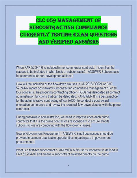 Clc 059 Management Of Subcontracting Compliance Currently Testing Exam Qs And As Exams Nursing