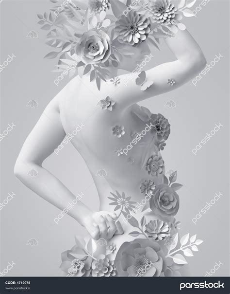 رندر سه بعدی نمای پشت بدن زن باریک مانکن تزئین شده با گل های کاغذی سفید شبح زن جدا شده در پس