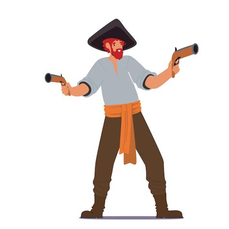 흰색 배경에 고립 된 총을 가진 해적 강도 착용 의상과 권총 해적 캐릭터와 쏠 모자 촬영 프리미엄 벡터