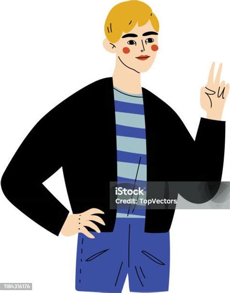 평화와 사랑의 기호를 보여주는 남자 남자 몸짓 에 척 살인 자신 벡터 일러스트 긍정적인 감정 표현에 대한 스톡 벡터 아트 및