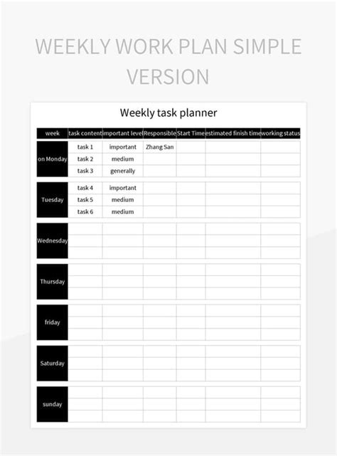 Weekly Work Plan Simple Version Excel Template And Google Sheets File For Free Download Slidesdocs