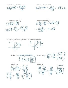 Sine And Tangent Sum And Difference Identities Trigonometry Worksheet Answers