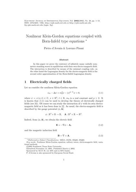 Pdf Nonlinear Klein Gordon Equations Coupled With Born Infeld Type