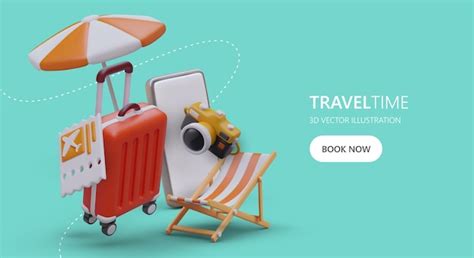 전화 응용 프로그램을 통한 레크리에이션 구성 비행 리조트 해변 호텔 흥미로운 사진 위치 선택 프로그램 버튼 및 3d 개체가 있는 Ppc 광고용 수평 포스터 프리미엄 벡터