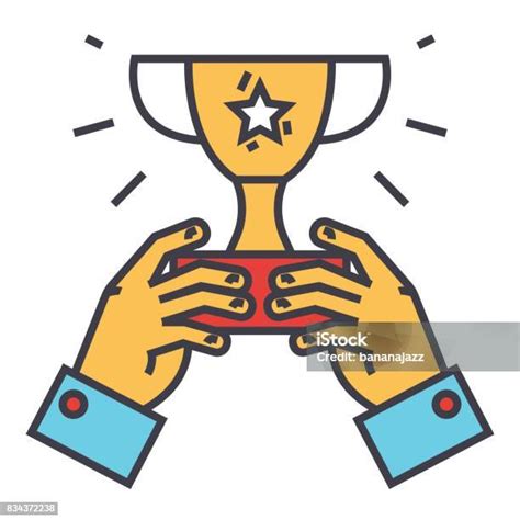 컵 우승자 챔피언 승리 개념 손에 트로피 선 벡터 아이콘입니다 편집 가능한 선입니다 흰색 배경에 고립 된 평면 선형 삽화