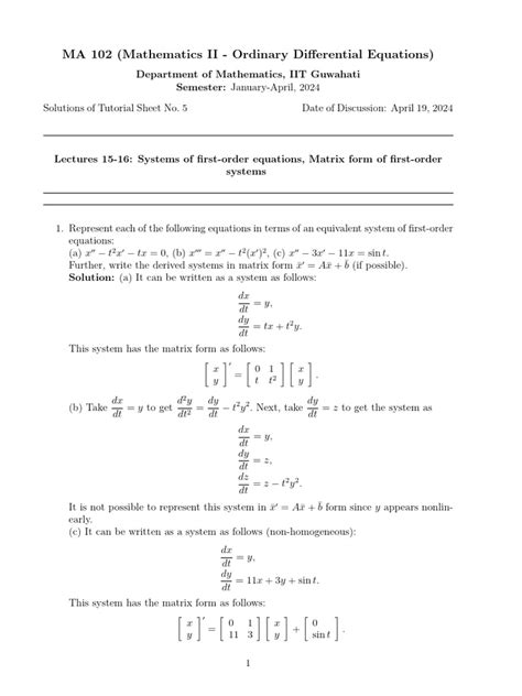 Ode Tutorial 05 Solutions Pdf Ordinary Differential Equation Equations