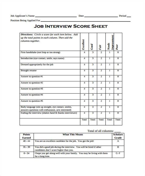 Interview Score Sheet Template