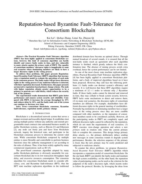 Pdf Reputation Based Byzantine Fault Tolerance For Consortium Blockchain
