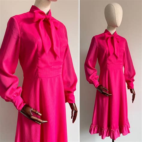 1970s Hot Fuscia Pink Pussy Bow Bishop Sleeve Frilled Dress Uk 10 Etsy