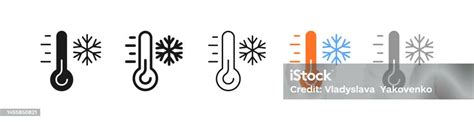 눈송이 선 아이콘이 있는 온도계 다양한 수준의 온도 기후 조절 공기 따뜻함 추위 기상 조건 발열 질병 질병 측정 개념 벡터 선 아이콘 0명에 대한 스톡 벡터 아트 및 기타