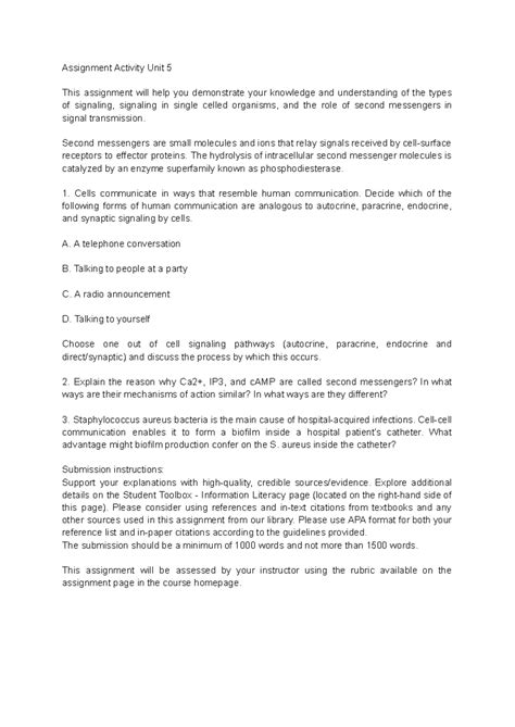 Unit 5 Assignment Cell Signaling And Second Messengers In Biol 1121