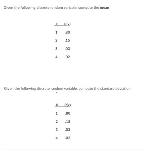 Solved Given The Following Discrete Random Variable Compute Chegg