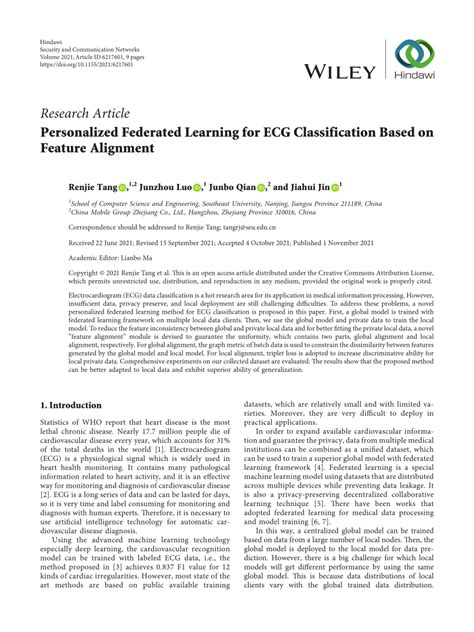 Pdf Personalized Federated Learning For Ecg Classification Based On Feature Alignment