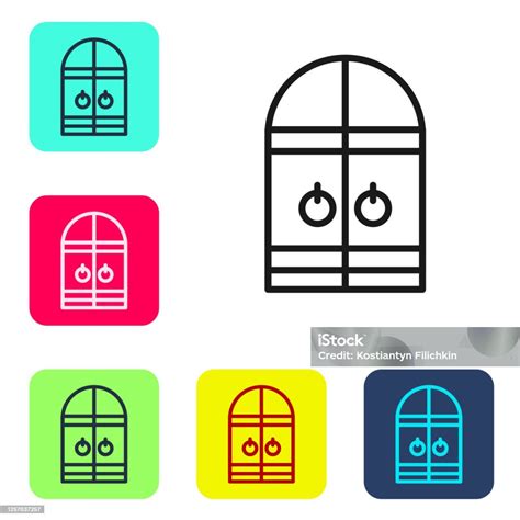 흰색 배경에 고립 된 검은 줄 중세 성 게이트 아이콘 중세 요새 적으로부터 보호할 수 있습니다 색상 정사각형 단추로 아이콘을 설정합니다 벡터 건축에 대한 스톡 벡터 아트 및