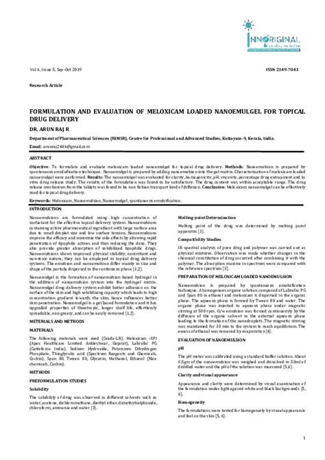 Pdf Formulation And Evaluation Of Meloxicam Loaded Nanoemulgel For Topical Drug Delivery