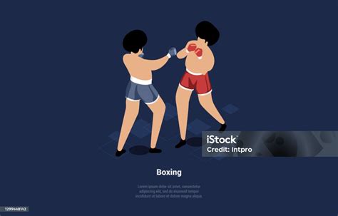 만화 3d 스타일의 벡터 일러스트레이션 어두운 배경에 텍스트와 전문 활성 스포츠 개념의 등색 구성 파란색과 빨간색 게임 유니폼과 보호 장갑 권투의 문자 3차원 형태에 대한