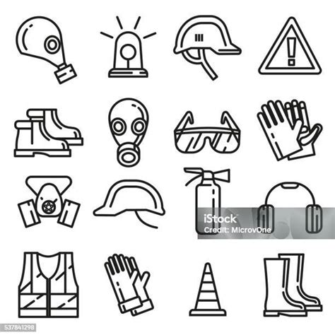 안전 작업 보호장치에 요소 벡터 꺾은선형 여윔 아이콘 세트 개념에 대한 스톡 벡터 아트 및 기타 이미지 개념 개념과 주제 경계 표지 Istock
