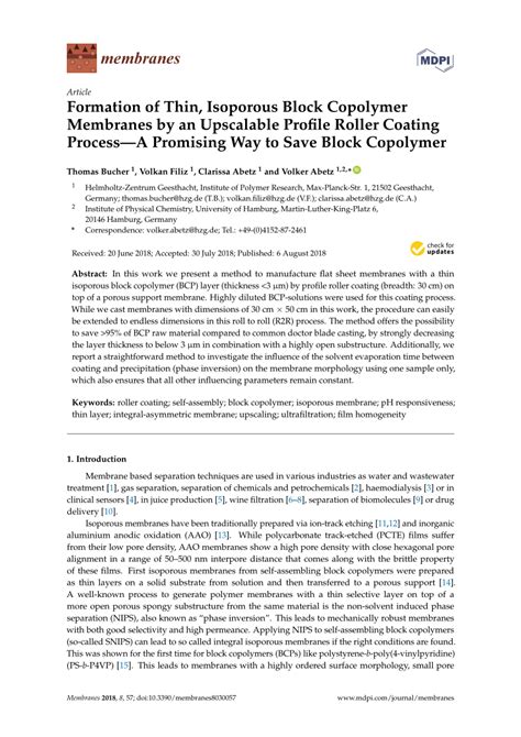 Pdf Formation Of Thin Isoporous Block Copolymer Membranes By An Upscalable Profile Roller