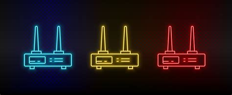 Neon Icon Set Modem Router Set Of Red Blue Yellow Neon Vector Icon On Transparency Dark