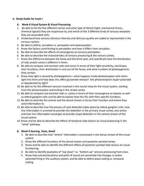 PSYC Study Guide FOR Midterm EXAM III II Study Guide For Exam I A Week Visual System