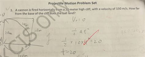 Projectile Motion Problem Set A Cannon Is Fired Horizontally From A 20 M