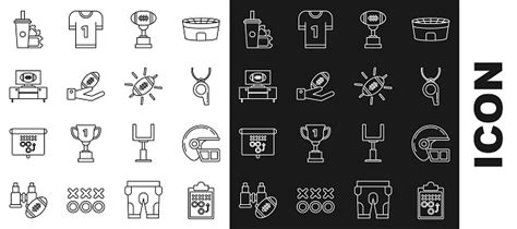 세트 라인 계획 전략 개념 미식 축구 헬멧 호루라기 수상 컵 축구 손 Tv 프로그램 스탠드 마시는 빨대와 아이콘이있는 티켓 종이 유리 소다 벡터 검은색에 대한 스톡 벡터