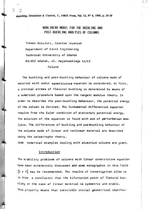 Pdf Nonlinear Model For The Buckling And Post Buckling Analysis Of Columns