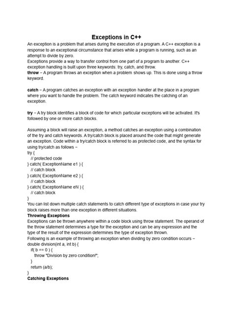Exceptions In C Pdf C Software Development