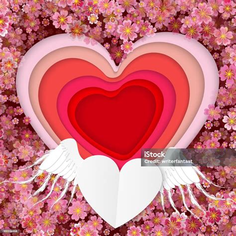 빨간 종이 마음 그리고 날개와 흰 종이 하트 빨간색 배경에 발렌타인 카드입니다 꽃 개념입니다 종이에서 잘라 벡터 일러스트 레이 션 0명에 대한 스톡 벡터 아트 및 기타