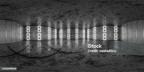 격납고 전시실 360 파노라마 완전 원활한 구형 Hdri 파노라마 360도 미래 지향적 인 차고 창고 복도의 내부 수리하지 않고 빈 방 3d 렌더링 0명에 대한 스톡 사진