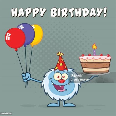 행복 한 작은 설 인 만화 마스코트 캐릭터 파티 모자를 착용 하 고 풍선 생일 케이크를 들고 Bigfoot에 대한 스톡 벡터