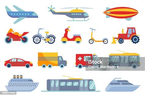 플랫 디자인의 메가 세트 요소를 운반합니다 비행기 헬리콥터 비행선 오토바이 자전거 킥 스쿠터 트랙터 자동차 트럭 선박 및 기타의