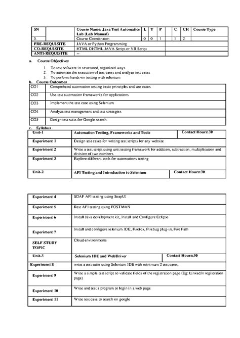 Syllabus Java Test Automation Lab Sn Course Name Java Test Automation Lab Lab Manual L T P