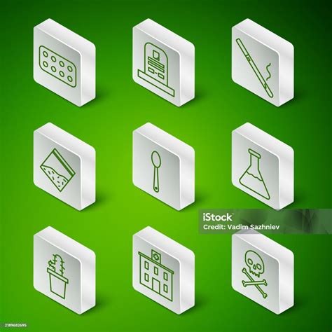 세트 라인 십자가에 두개골 의료 병원 건물 알약 물집 팩 헤로인 숟가락 약물의 비닐 봉지 Rip가 쓰여진 묘비 선인장 Peyote 냄비와 시험관 및 플라스크 아이콘 벡터 3