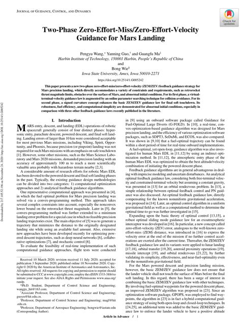 Pdf Two Phase Zero Effort Miss Zero Effort Velocity Guidance For Mars Landing
