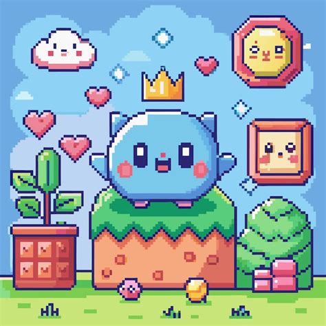 Pixelated Cute Blue Cat With Crown On A Platform Surrounded By Hearts Premium Ai Generated Vector