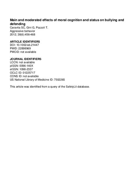 Pdf Main And Moderated Effects Of Moral Cognition And Status On Bullying And Defending
