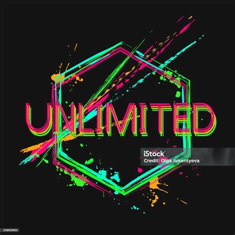 텍스트 Unlimited 페인트 브러시 스트로크 네온 밝은 색상의 흩뿌려진 페인트가 있는 육각형 레이블 추상적인 기하학적 구성
