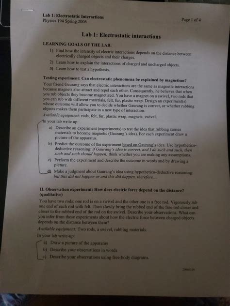 Lab 1 Electrostatic Interactions Physics 194 Spring Chegg Com