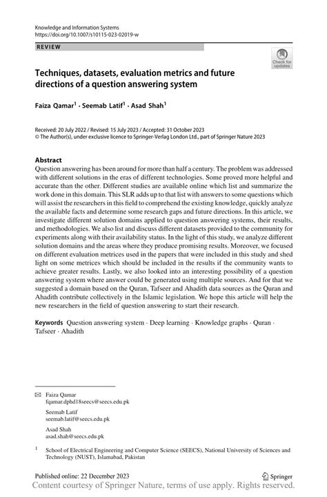 Techniques Datasets Evaluation Metrics And Future Directions Of A Question Answering System