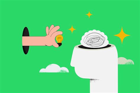 인간의 머리 실루엣과 손은 얽힌 낙서의 뇌에 전구를 제공합니다 솔루션 만들기 혁신과 문제 해결책 아이디어 개념 플랫 벡터 그림 Mental Wellbeing에 대한 스톡