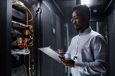 Premium Photo Network Engineer Working With Server Cabinet In Data Center