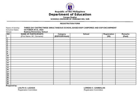 Registration Form For Bsp And Gsp By School Pdf