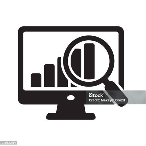 막대 차트와 확대경 아이콘이 있는 화면 보고서 아이콘이 있는 컴퓨터 모니터 온라인 모니터링 아이콘 통계 아이콘 흰색 배경에 고립된 분석 개념입니다 0명에 대한 스톡 벡터
