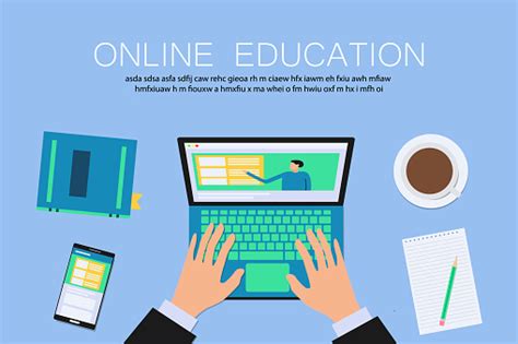 온라인 교육 배경입니다 노트북 손 전화 및 커피와 웹 디자인 템플릿 벡터 일러스트 레이 션 개념에 대한 스톡 벡터 아트 및 기타 이미지 Istock