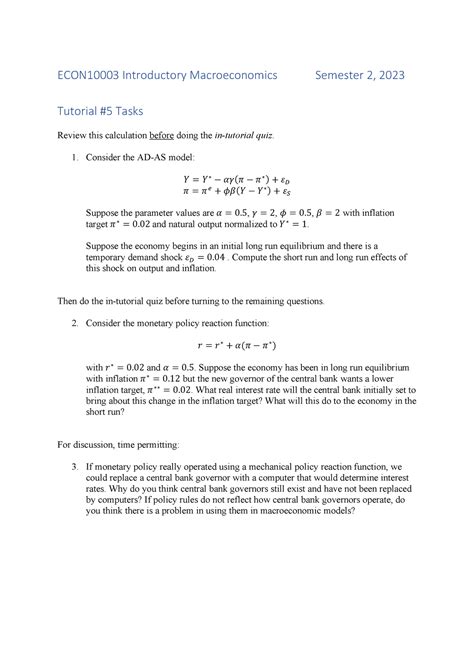 Tutorial Tasks 5 Questions On Macroeconomics Econ10003 Introductory