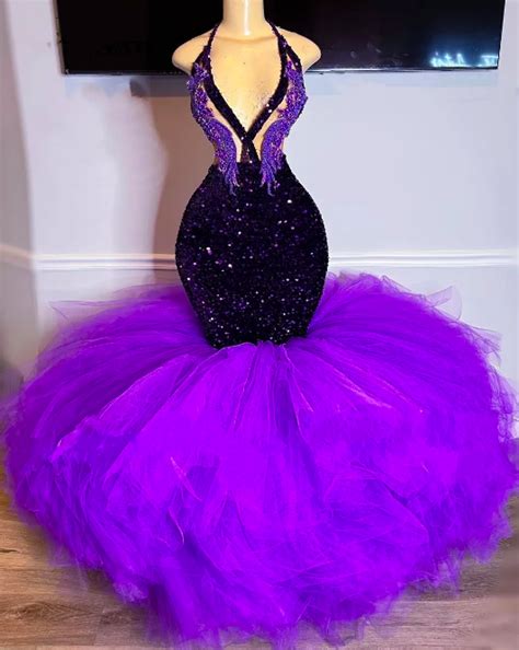 Deep Purple Prom Dresses For Black Girls 2024 Custom Sparkly Halter