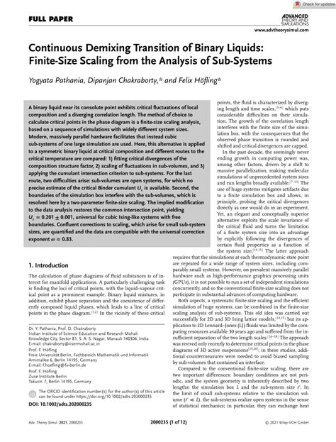 Pdf Continuous Demixing Transition Of Binary Liquids Finite‐size Scaling From The Analysis Of