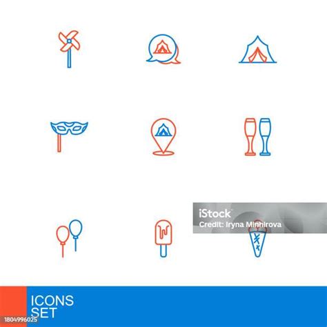 와플에 아이스크림을 넣고 리본이 달린 풍선 볼링 핀 축제 마스크 서커스 텐트 아이콘을 설정하세요 벡터 공연에 대한 스톡 벡터